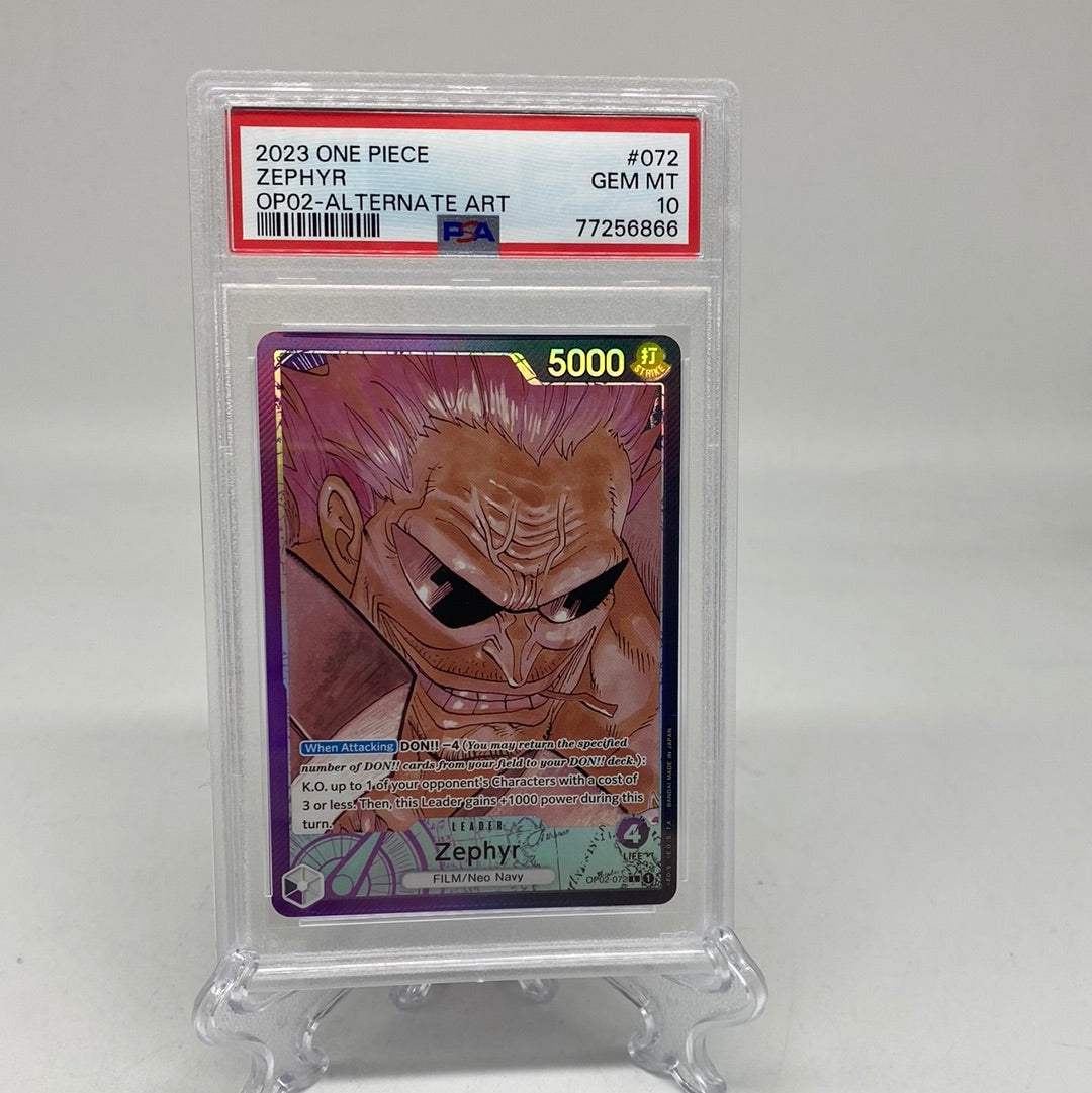 One Piece TCG English Zephyr OP02-072 Leader Alt Art PSA 10 GEM MINT